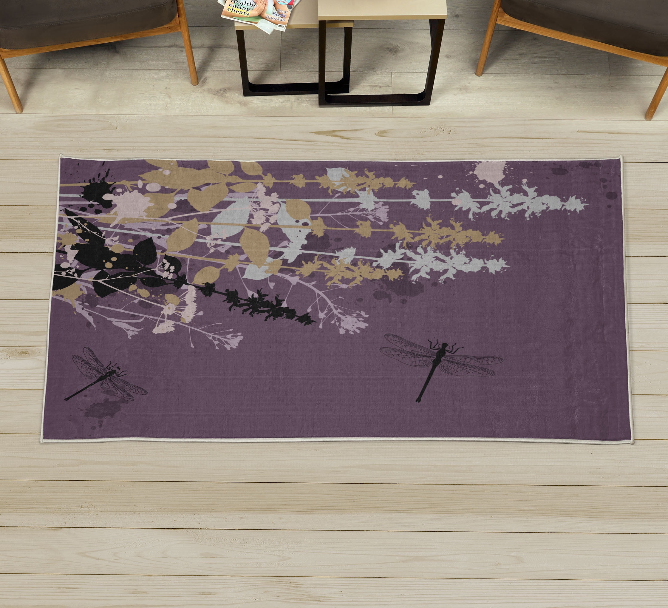 Dragonfly Decorative Rug, Nature Plants Grass with Wildflowers with ...