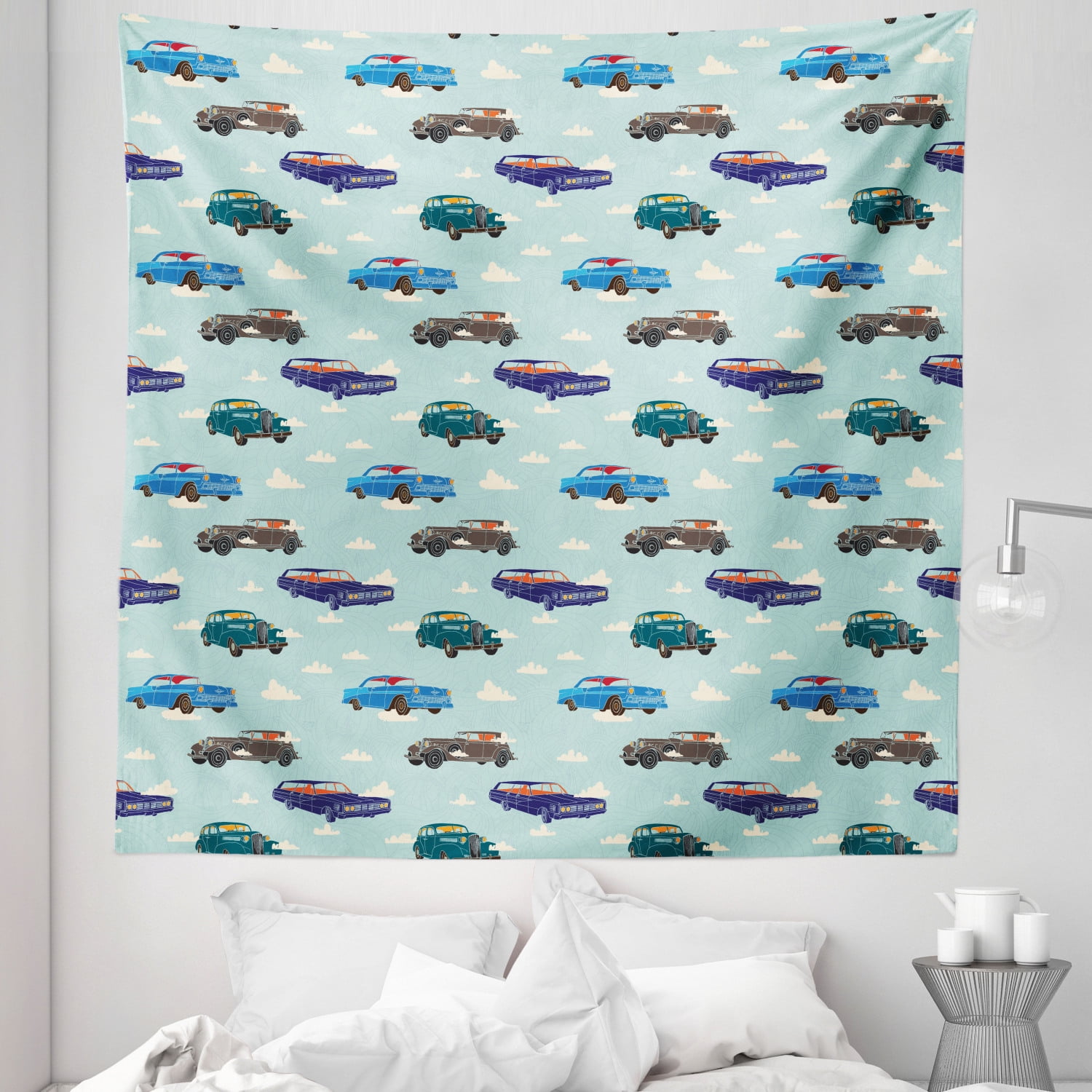 Cars Tapestry, Absurd Design with Vintage Cars in the Air with Clouds ...