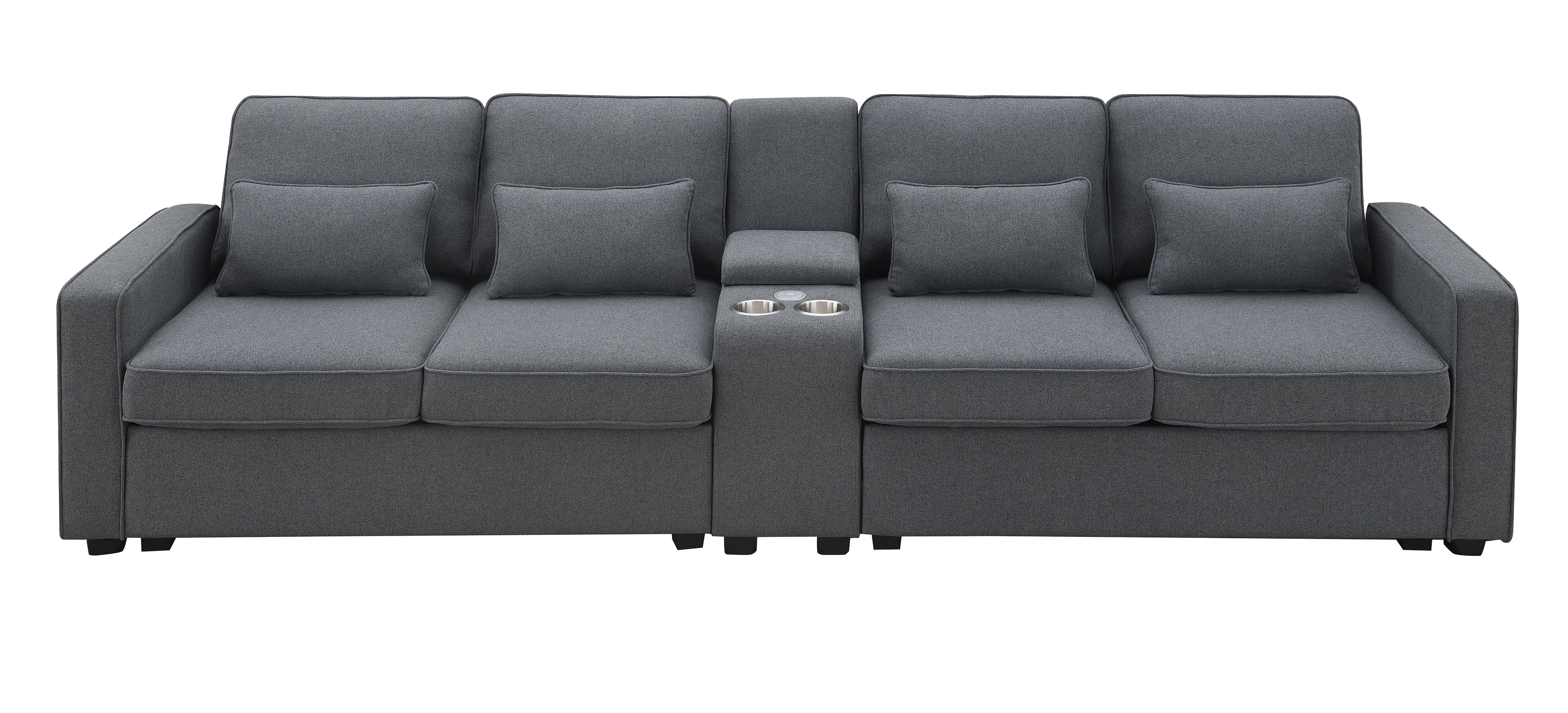 Modern 4 Seater Large Linen Sofa with Console, USB Ports, Cup Holders ...