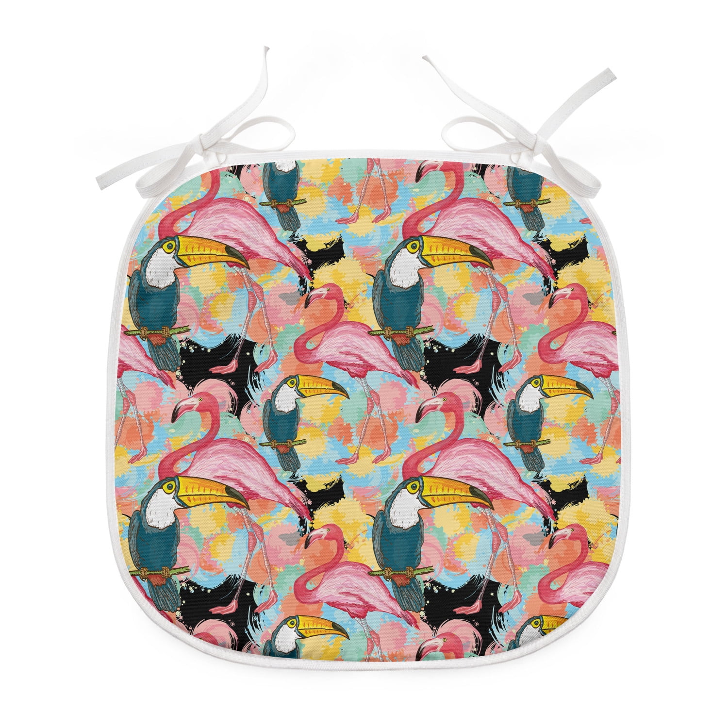 Tropical Dining Chair Pad, Toucan Parrots and Pink Flamingos on an ...