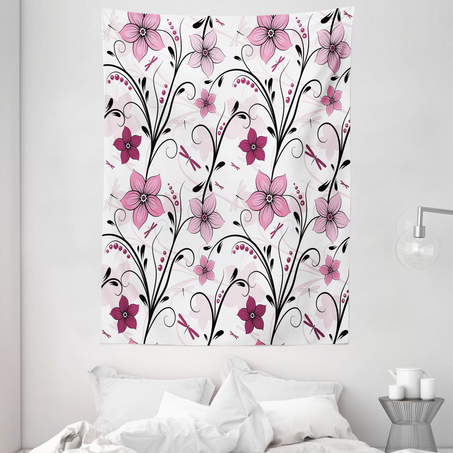 Dragonfly Tapestry, Shabby Chic Floral Swirled Leaves and Florets ...