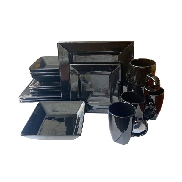 16 pieces Square Dinnerware Sets White & Black Color 4 Stoneware Set ...