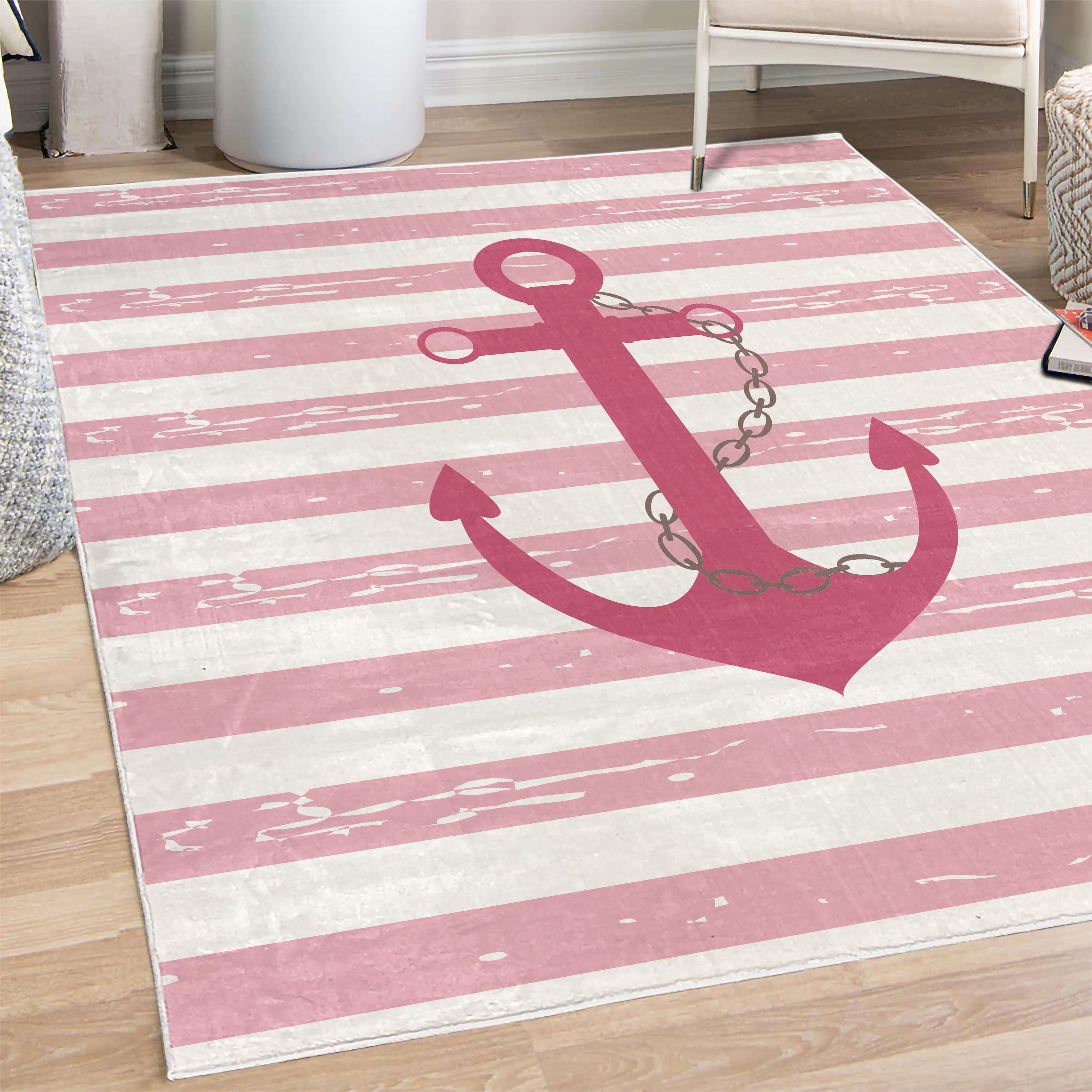 Striped Decorative Rug, Ship Anchor Chain Marine Life Inspired Lines ...