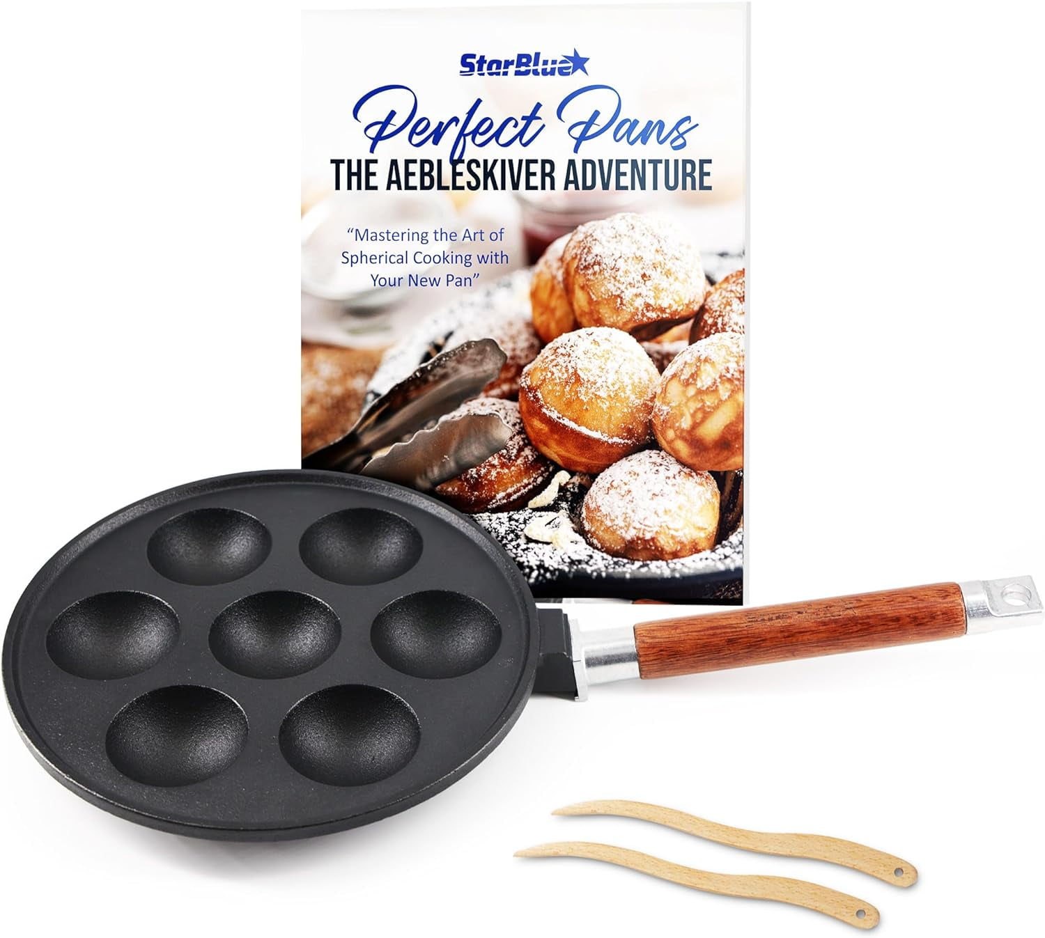 SHIBA-7-Hole Cast Iron Aebleskiver Pan Detachable Wooden Handle, Pre ...