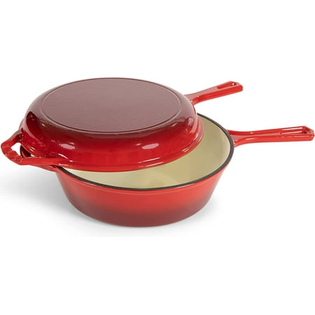 Enameled Red 2-In-1 Cast Iron Multi-Cooker By Heavy Duty 3 Quart Deep ...