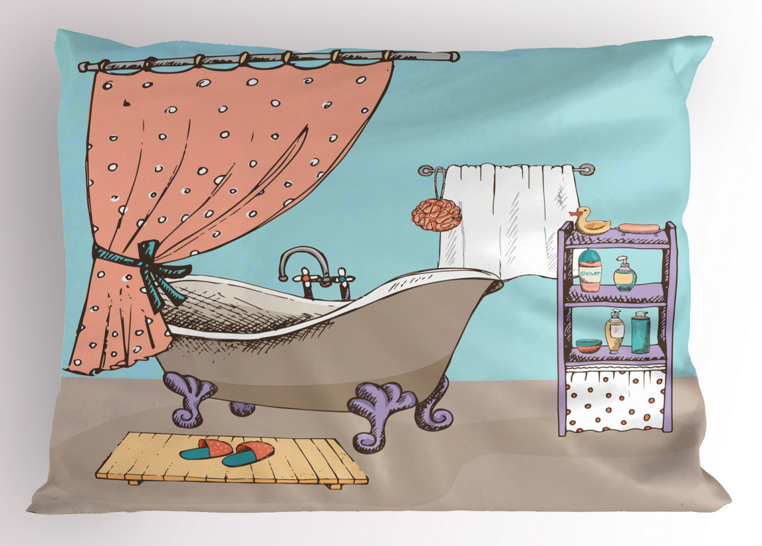 Cartoon Pillow Sham, Cartoon Style Bathroom Design Shower Tub Colorful ...