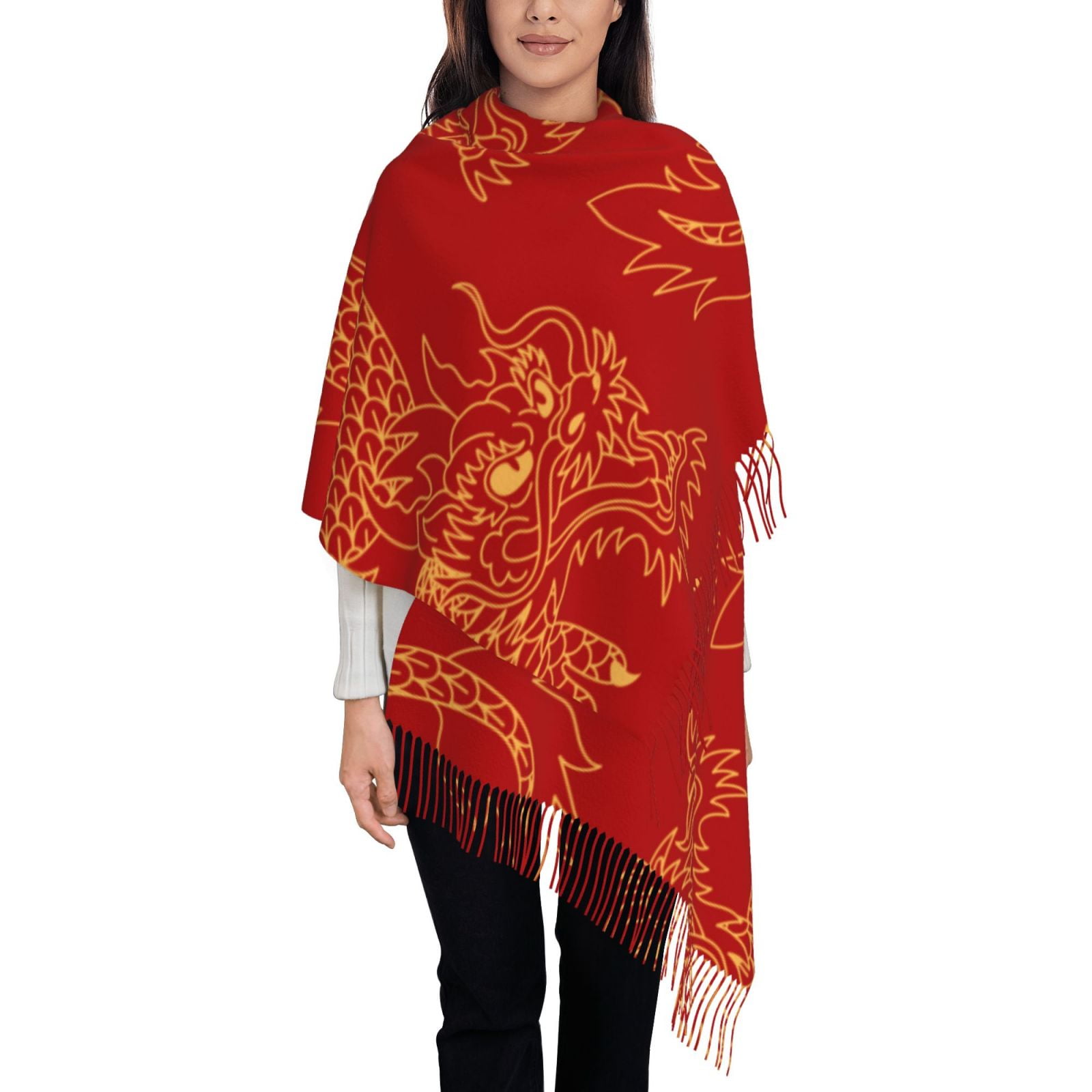 ZNDUO Hand Drawn Dragon Red Pattern Pashmina Shawls，Wraps Winter Warm ...