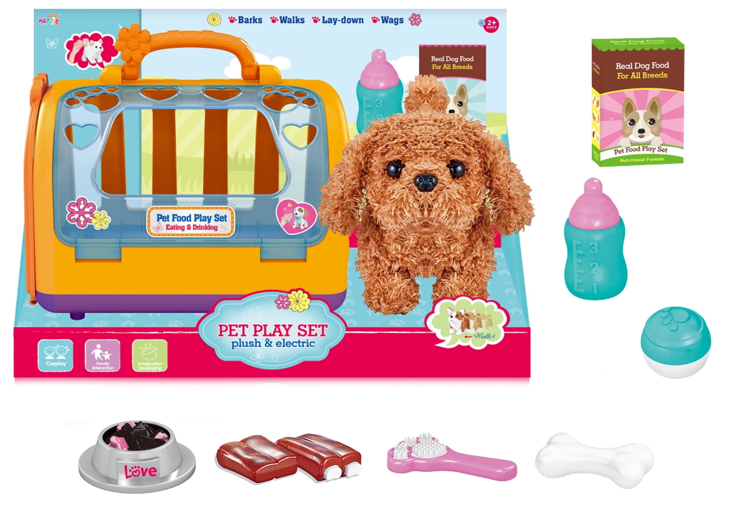 Set perro de peluche con alimentos y transportadora y efectos de sonido ...