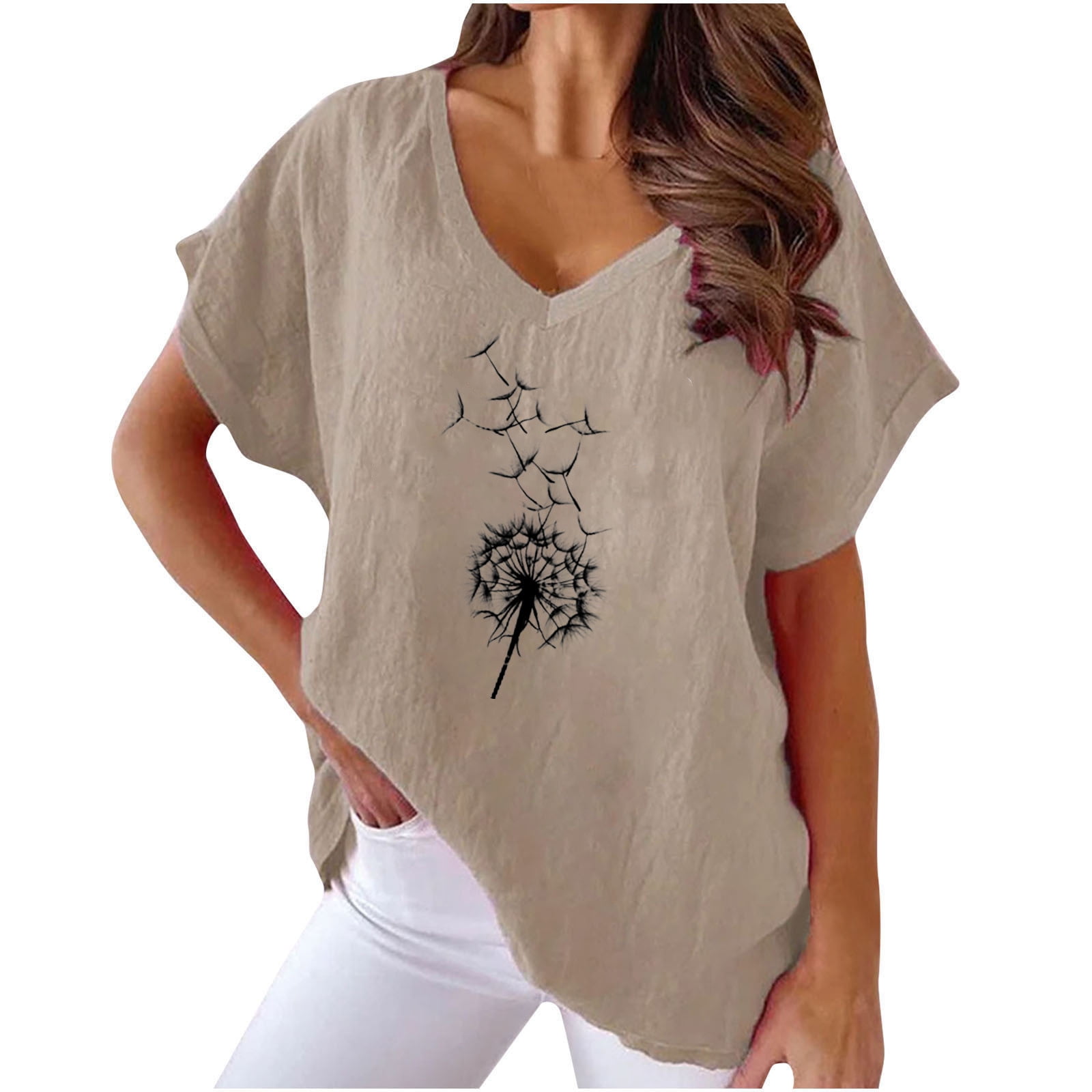 Camiseta de Manga Corta con Cuello en V con Impresión de Girasol ...