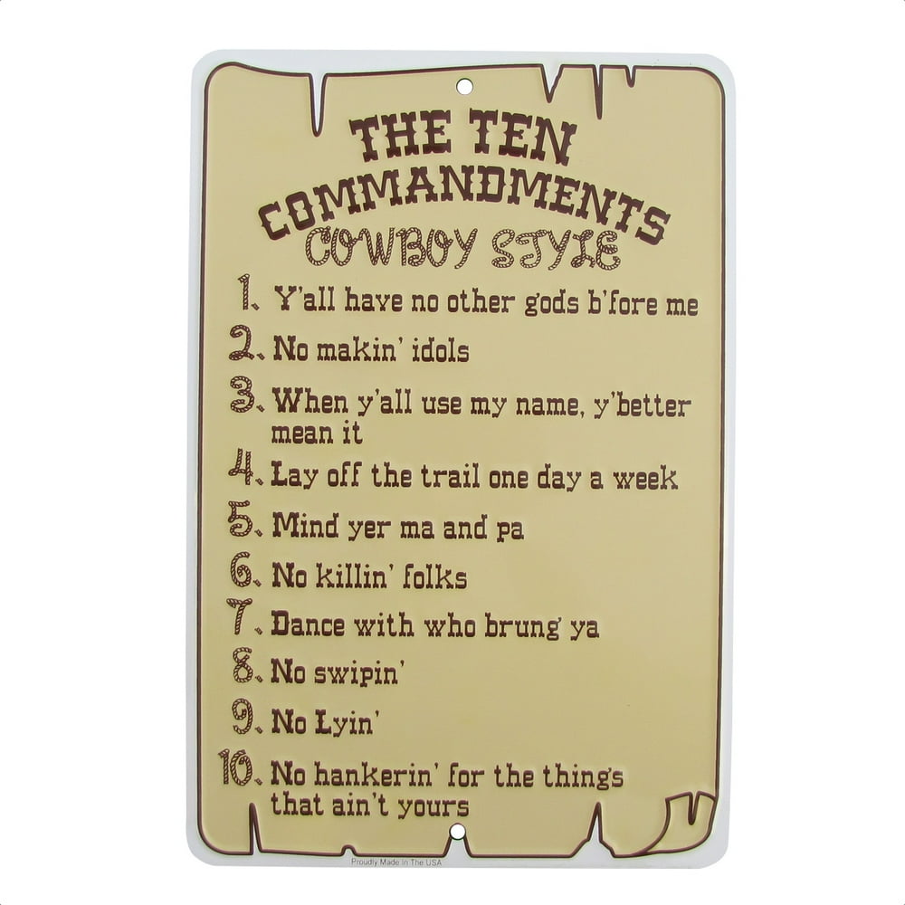 Ten Commandments Cowboy Style Tin Sign Funny Religious Christian Home ...