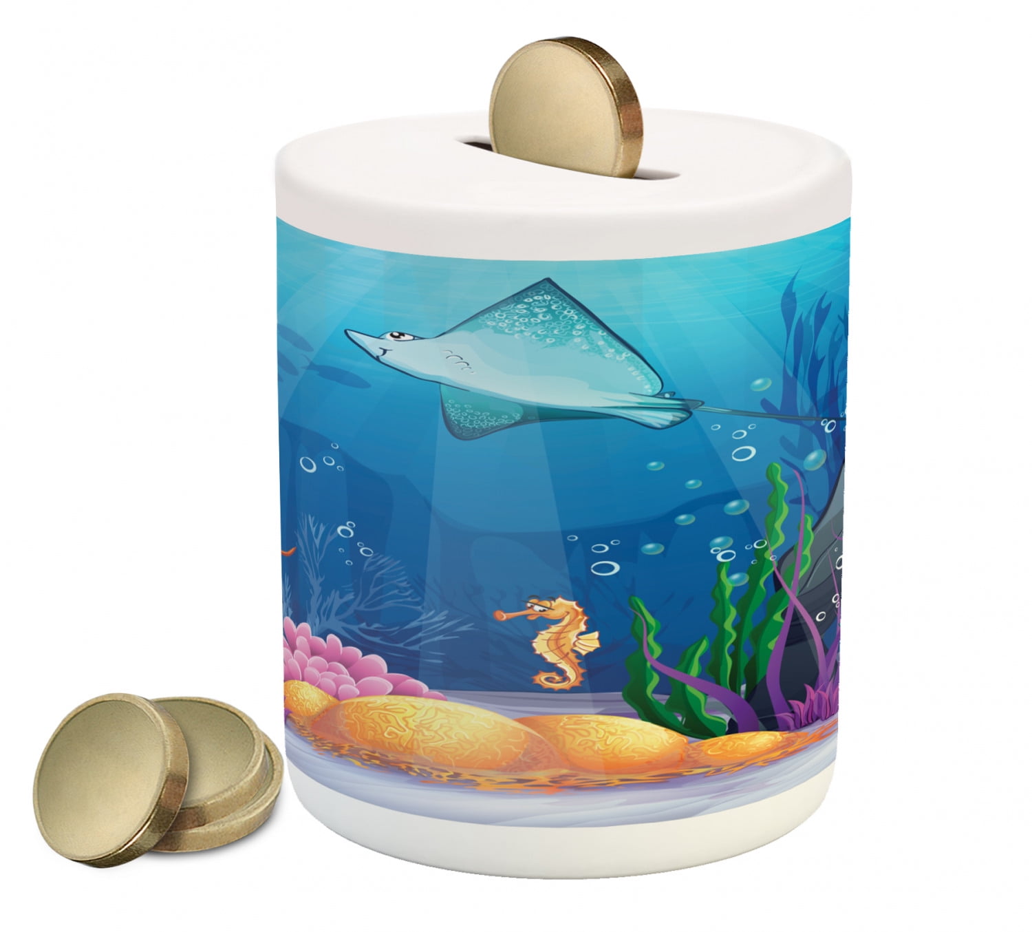 Ocean Piggy Bank, Underwater Sea Life Fish Moss Shells Bubbles Stones ...