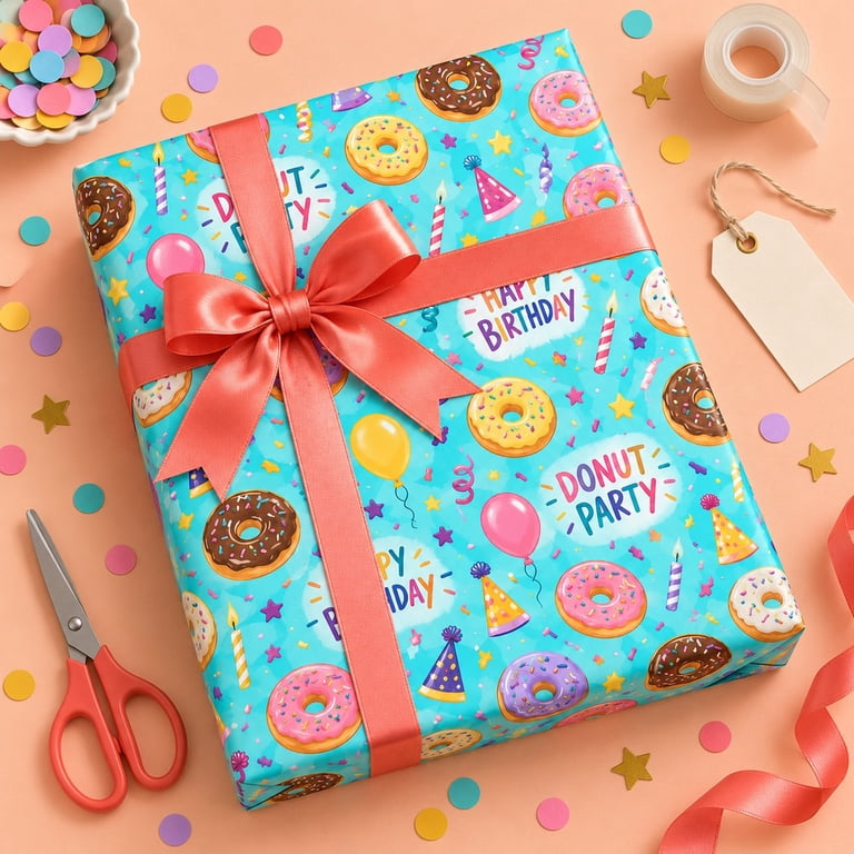 30-Inch Extra Wide Wrapping Paper, Colorful Donut Birthday Party Gift ...