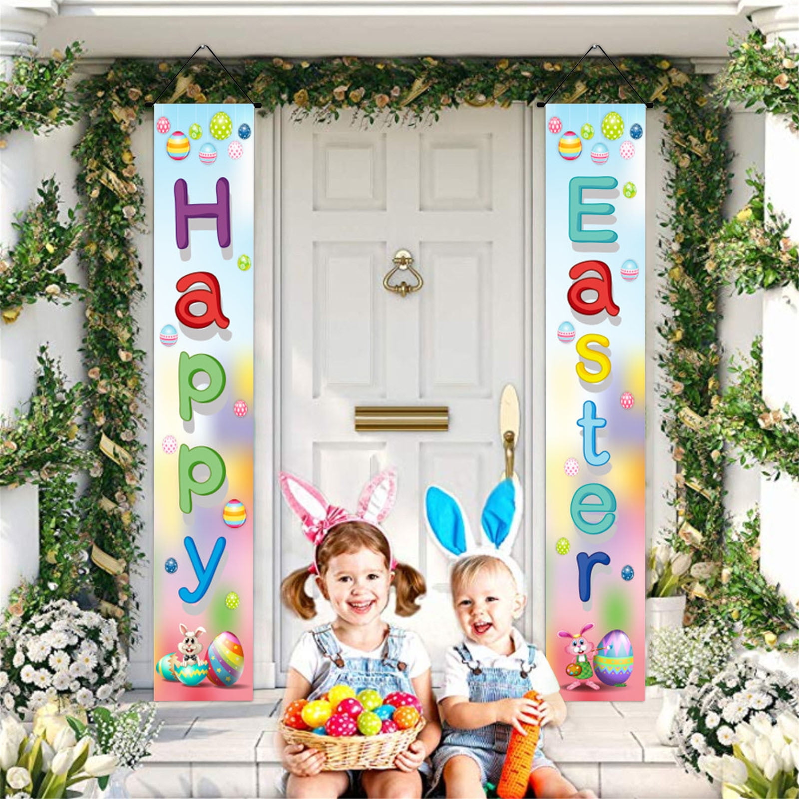 JeashCHAT Happy Easter Bunny Porch Sign Easter Decorations Hanging Sign ...