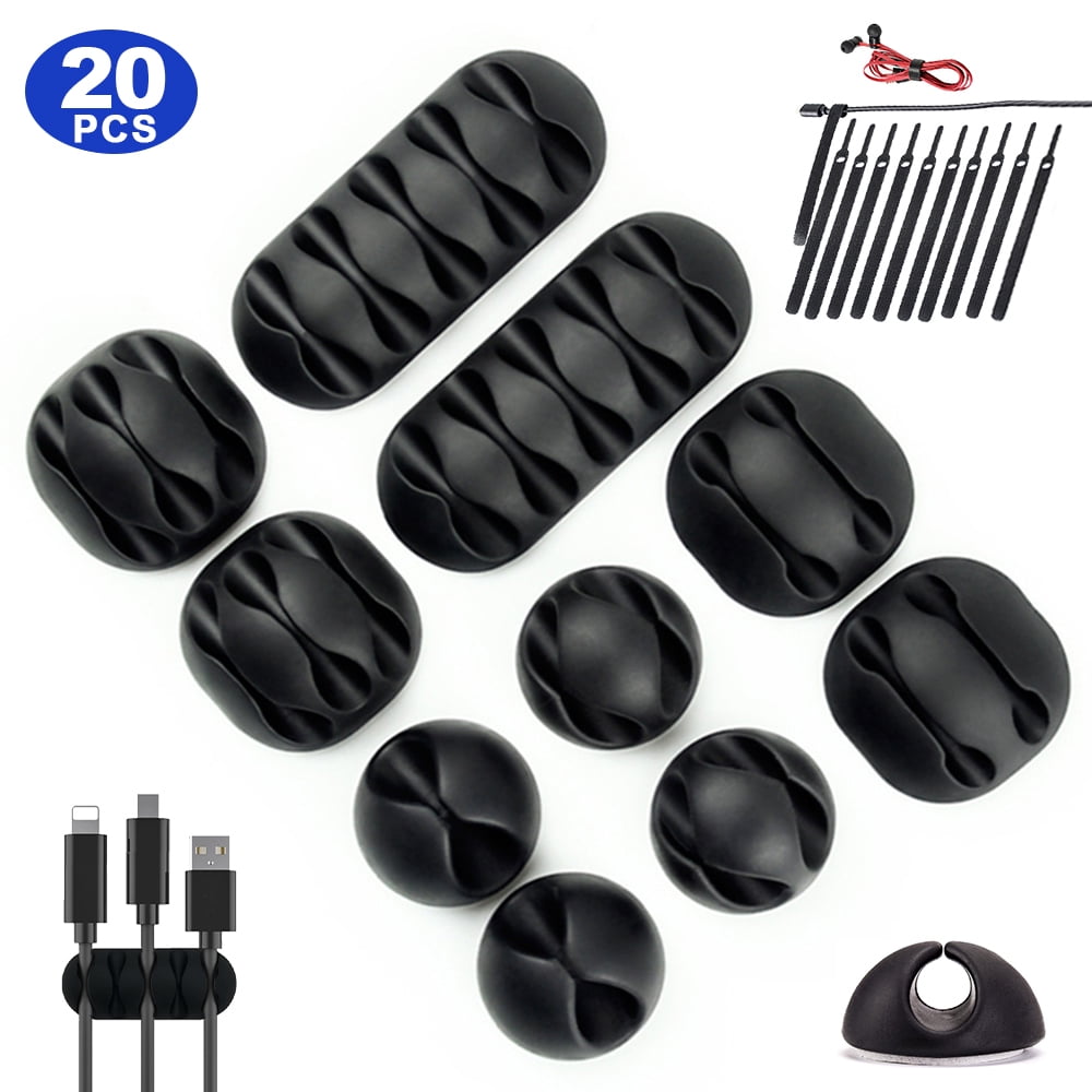Cable Clips,20 Pack Black Adhesive Cord Holders & Reusable Cable Ties ...