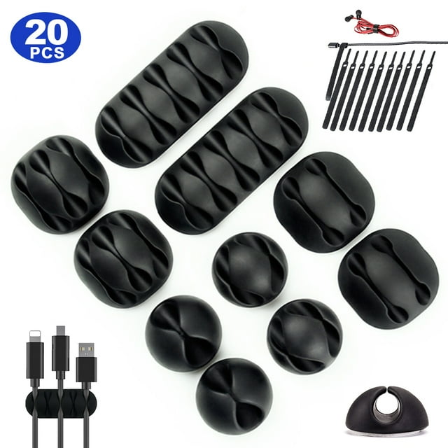 Cable Clips,20 Pack Black Adhesive Cord Holders & Reusable Cable Ties ...