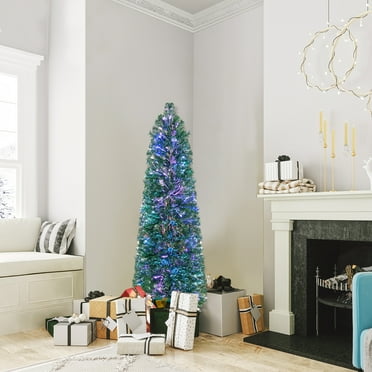 Costway 7 FT Pre-Lit Christmas Tree Hinged Slim Pencil w/ 350 LED ...