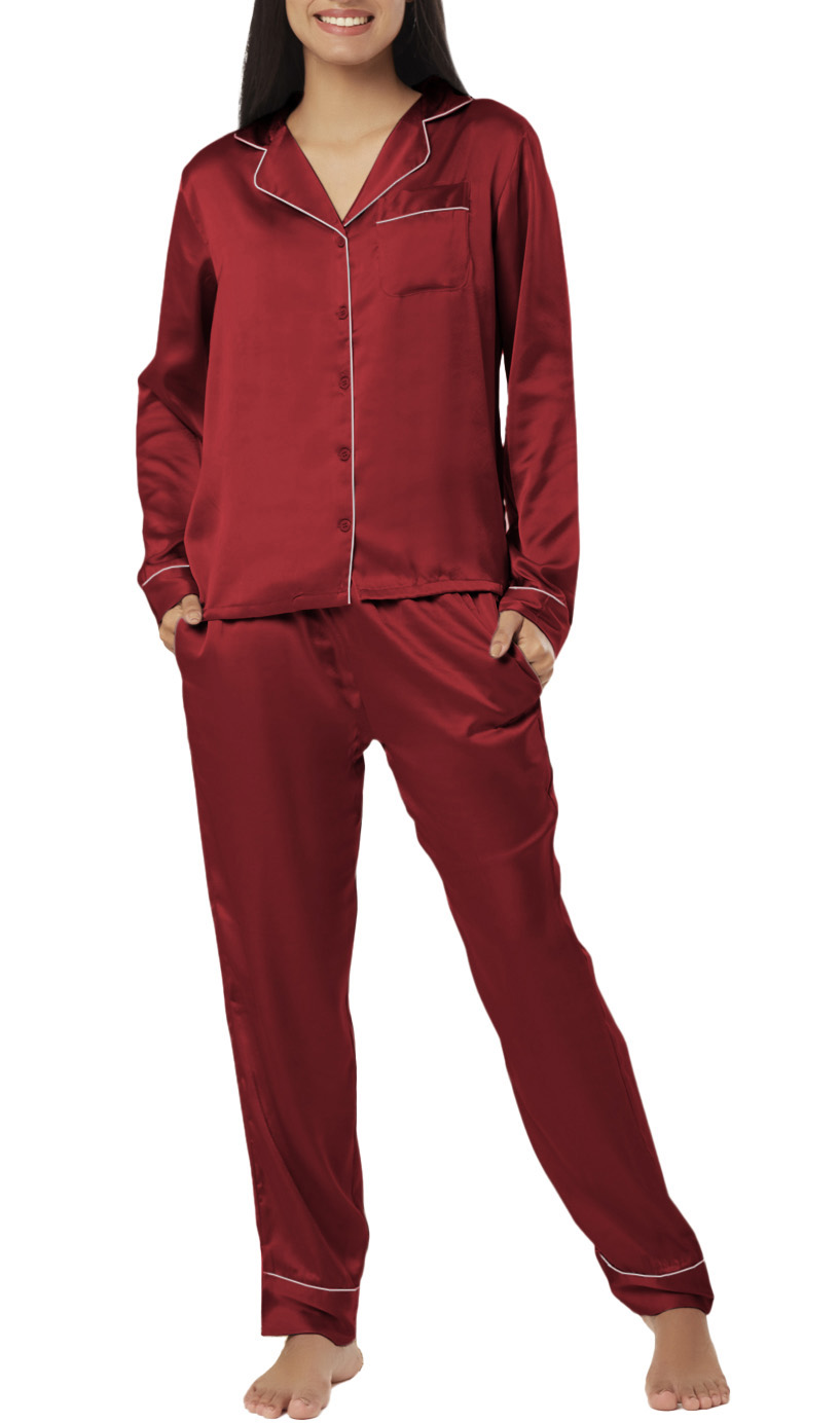 Silk Satin Pajama Sets for Women Long Sleeve Button Down Pajama Set 2 ...