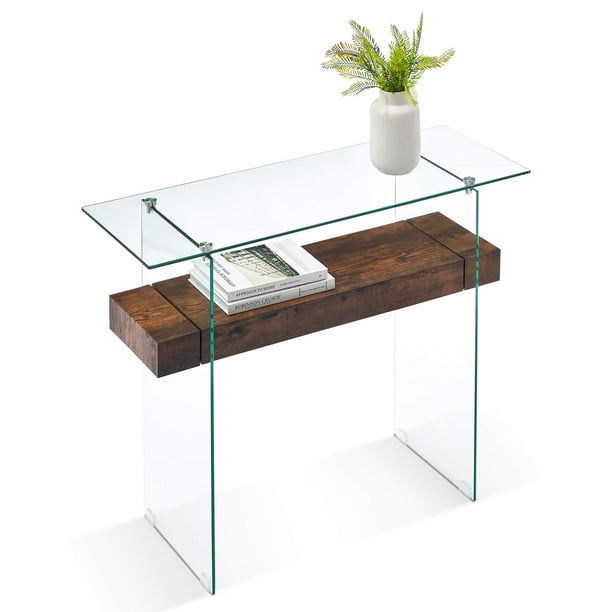 Ivinta Narrow Glass Console Table with Storage, Modern Sofa Table for ...