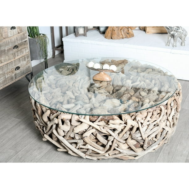 DecMode 48" x 16" Brown Driftwood Handmade Stacked Collage Coffee Table ...