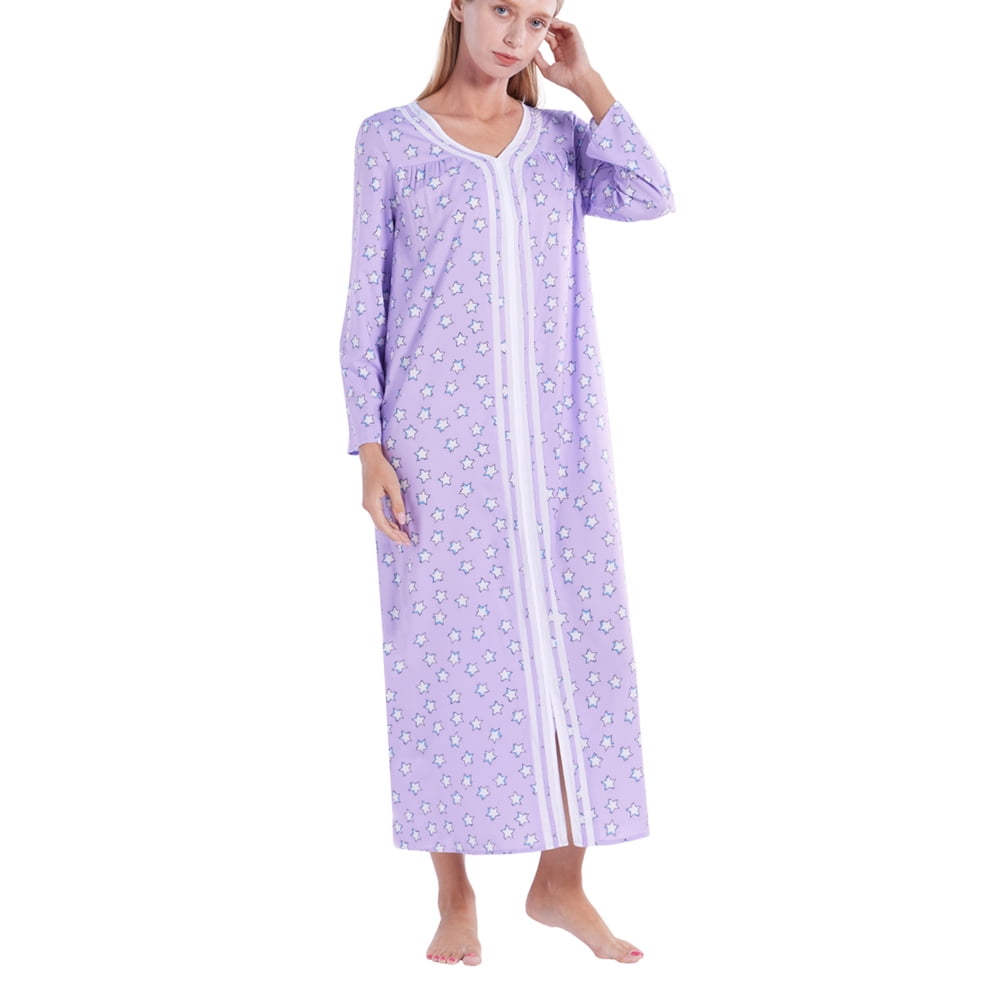 Women Nightgown Long Sleeve V Neck Floral Print Nightshirts, Ankle ...