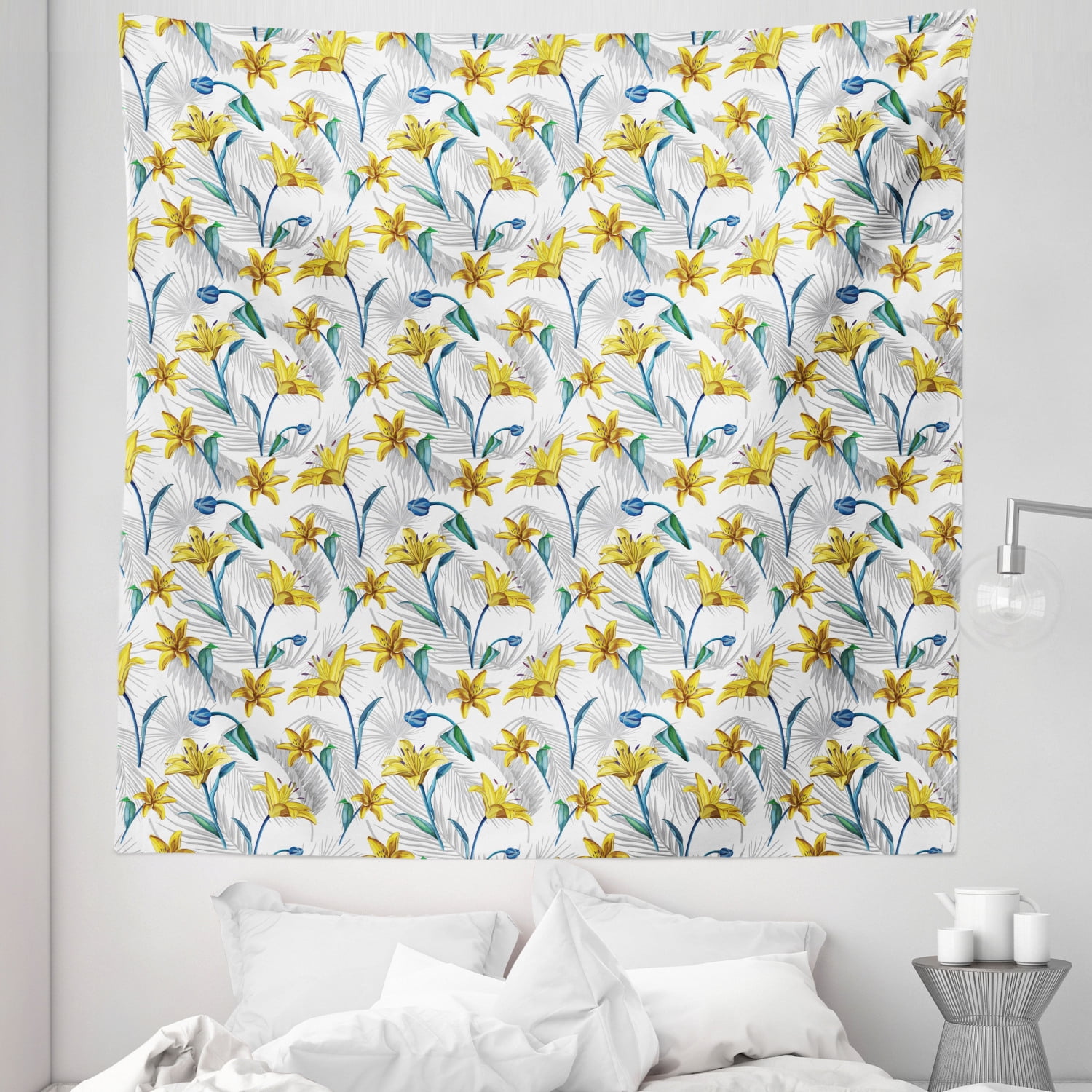 Floral Tapestry, Realistic Drawn Lily Blossom Flowers Abstract Colored ...