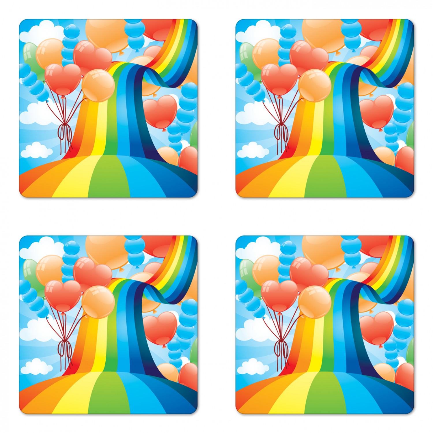 Cartoon Coaster Set of 4, Rainbow Sky with Balloons Hearts Colors ...