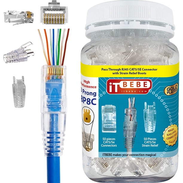 Gold Plated end P Through RJ45 Cat5 cat5e Connector and Strain Relief ...
