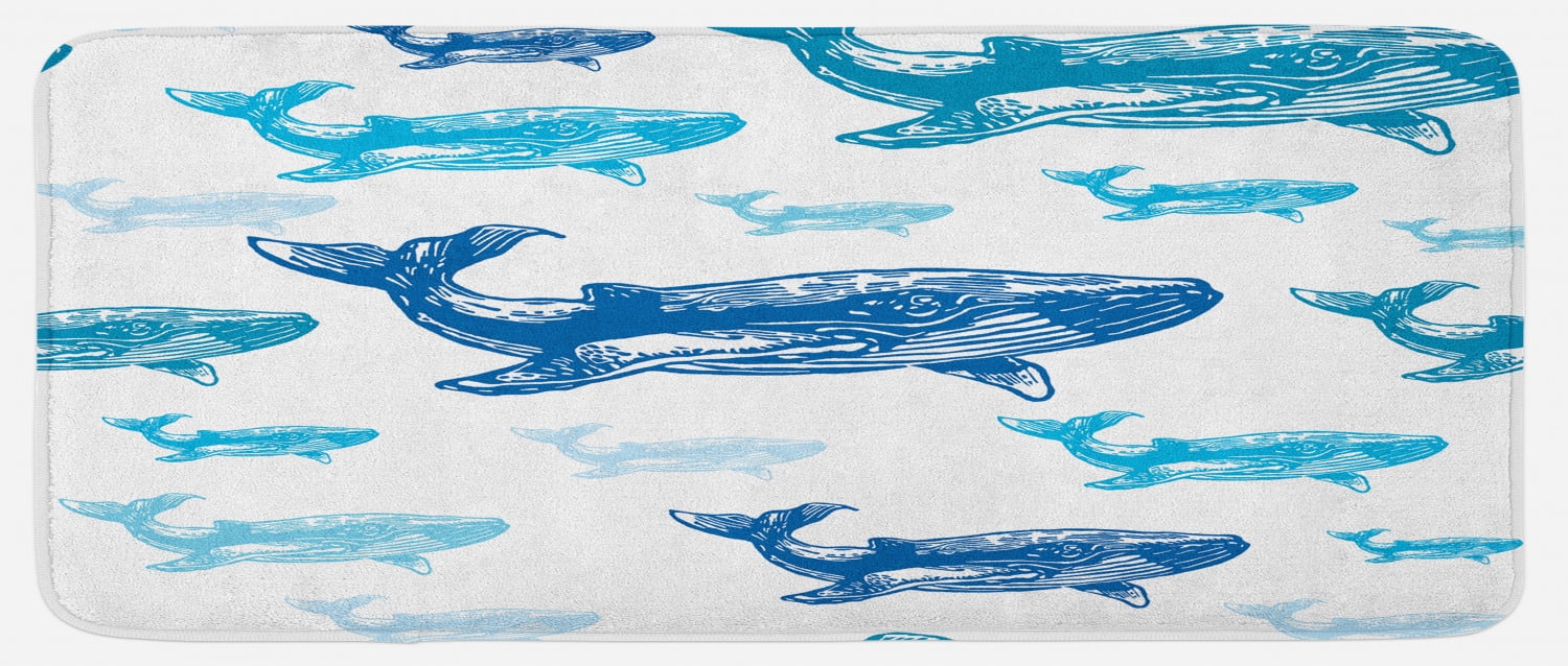 Sea Animals Kitchen Mat, Colorful Realistic Engraved Style of Whale ...