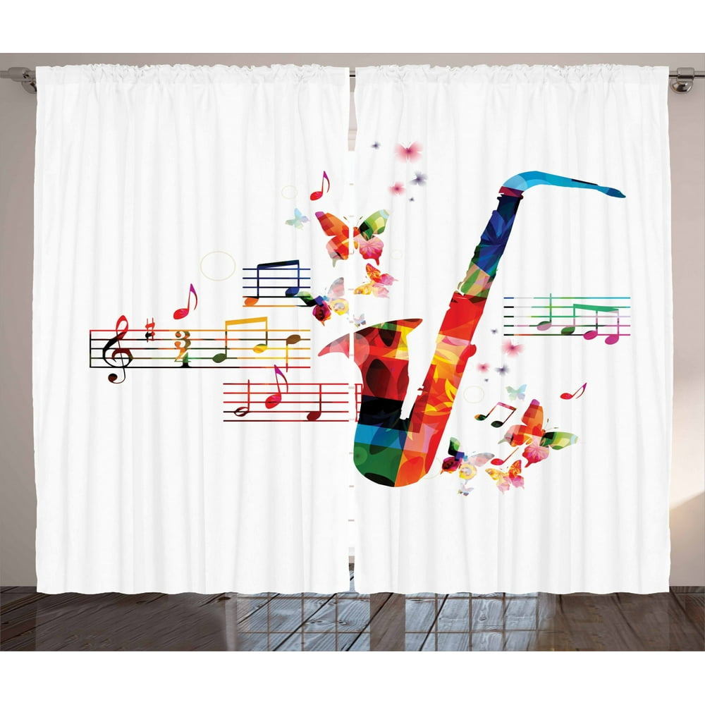 Music Curtains 2 Panels Set, Colorful Saxophone Design with Butterflies ...