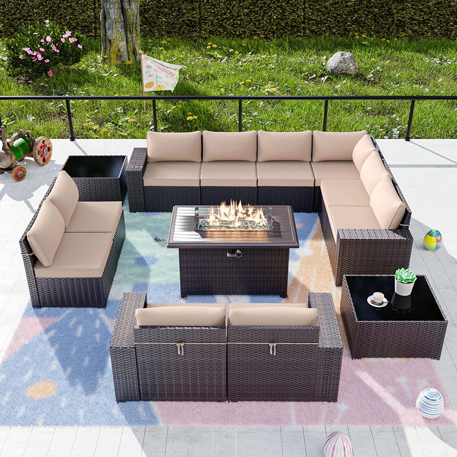 Grand Patio Fire Pit Patio Set, Wicker Furniture Sectional Sofa with ...