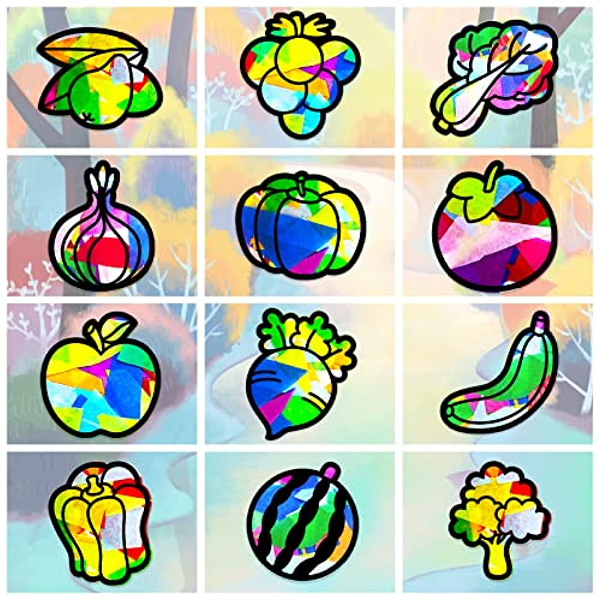 24 Pcs DIY Fruit Stained Glass Effect Paper Suncatchers Vegetables ...