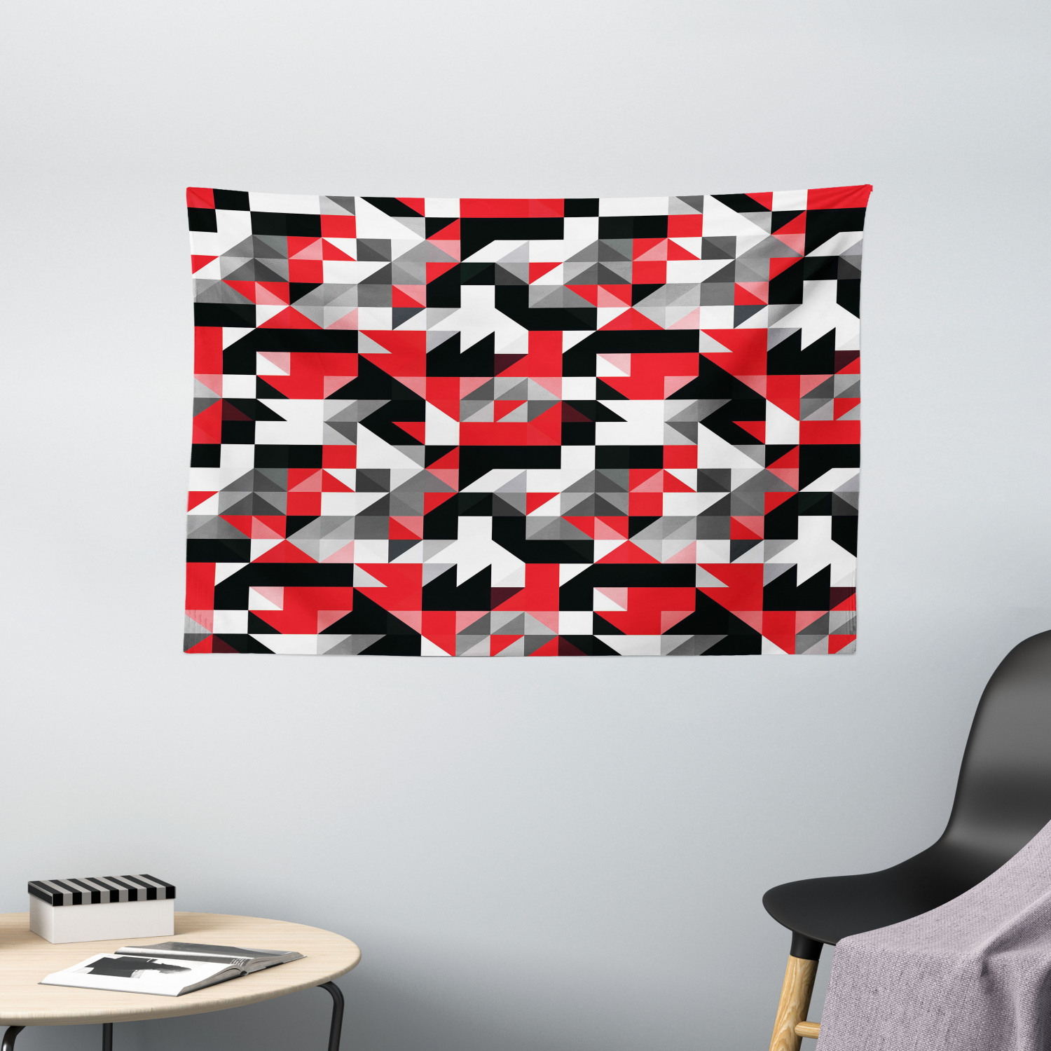 Red and Black Tapestry, Abstract Geometric Half Triangles Squares Maze ...