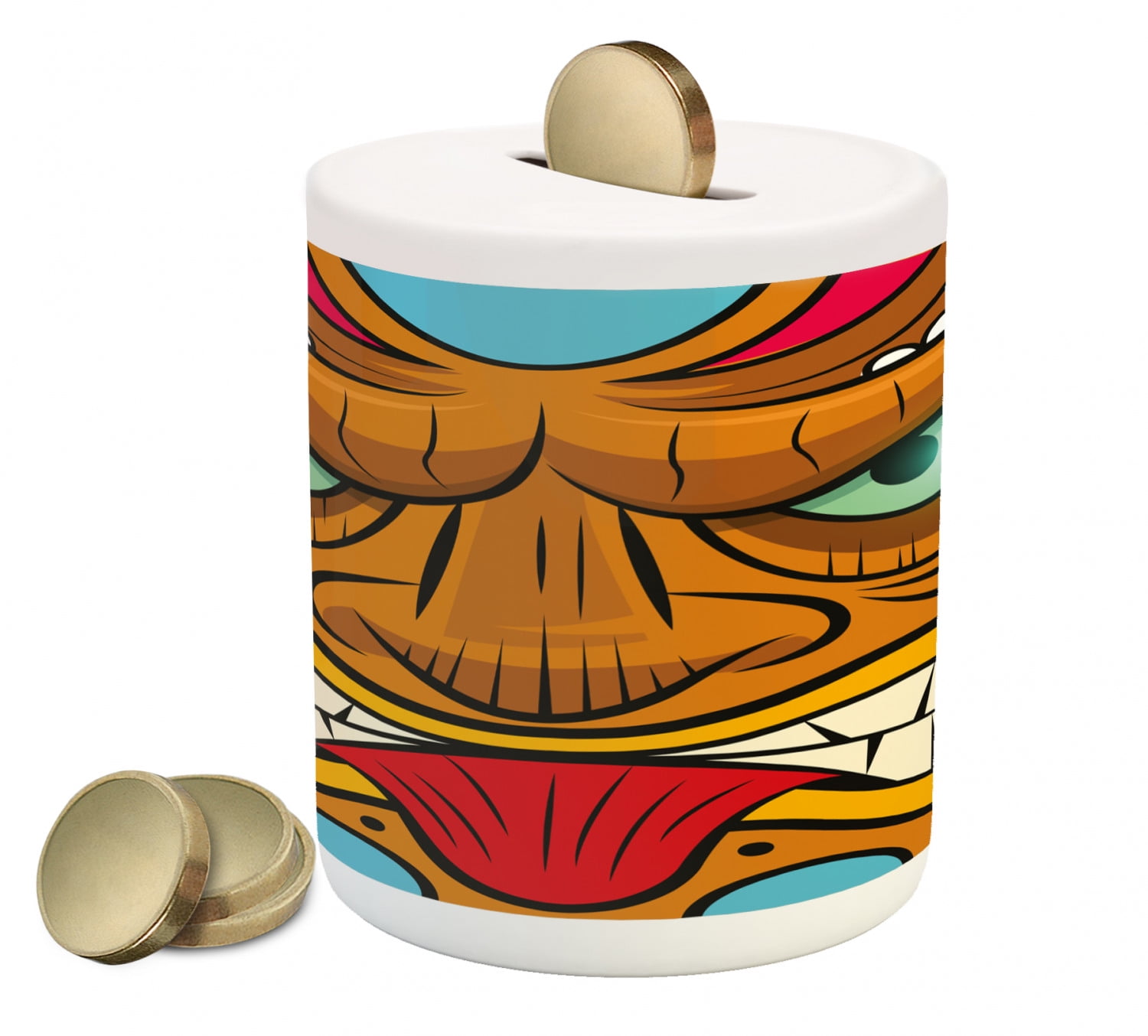 Tiki Bar Piggy Bank, Cartoon Style Angry Looking Tiki Warrior Colorful ...