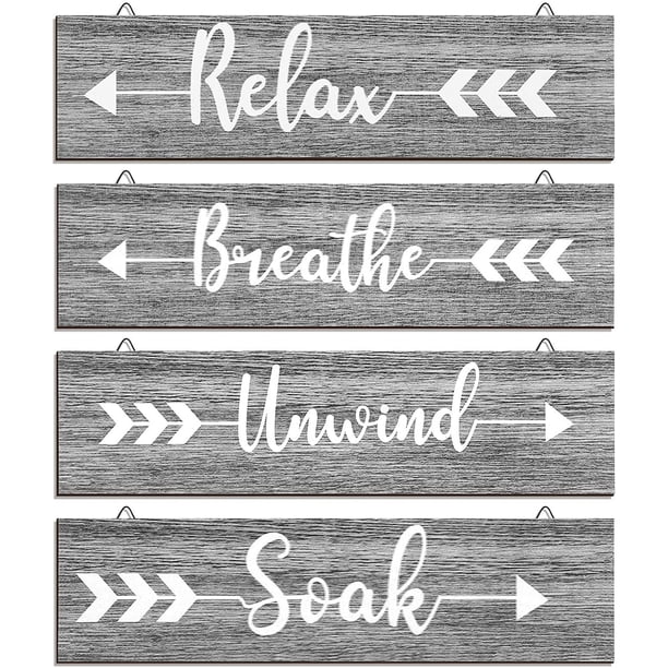 4 Pieces Farmhouse Bathroom Wall Decor Soak Relax Unwind Breathe Wooden ...