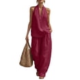 Qwertyu Womens Linen 2 Piece Sets Summer V Neck Sleeveless Halter Top ...