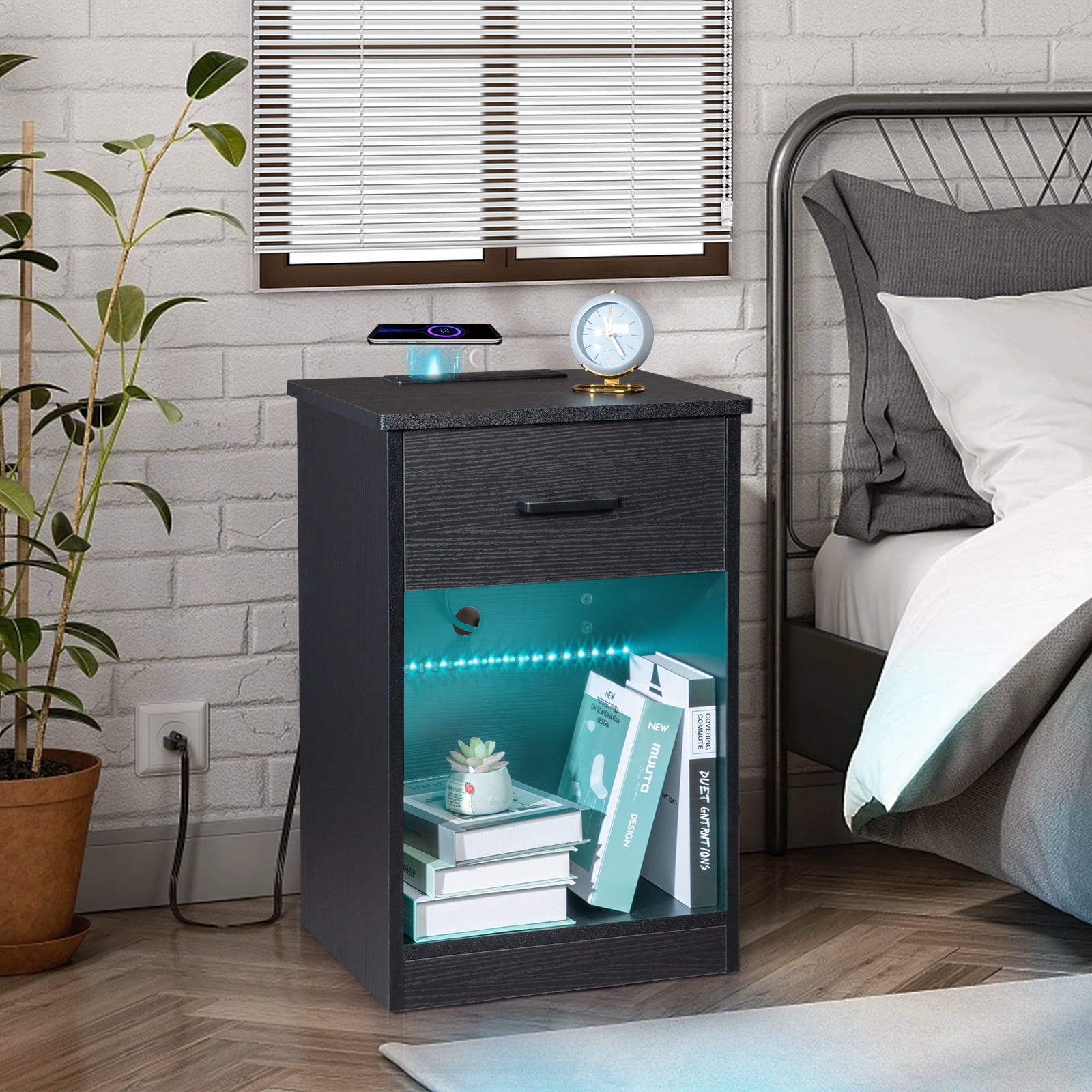 Ktaxon LED Nightstand with Wireless Charger, USB Ports, Power Outlets ...