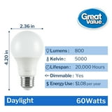 Great Value 18YR A19 LED Light Bulb, 9W 60W Equivalent, Dimmable Daylight, E26 Medium Base, 12 ...