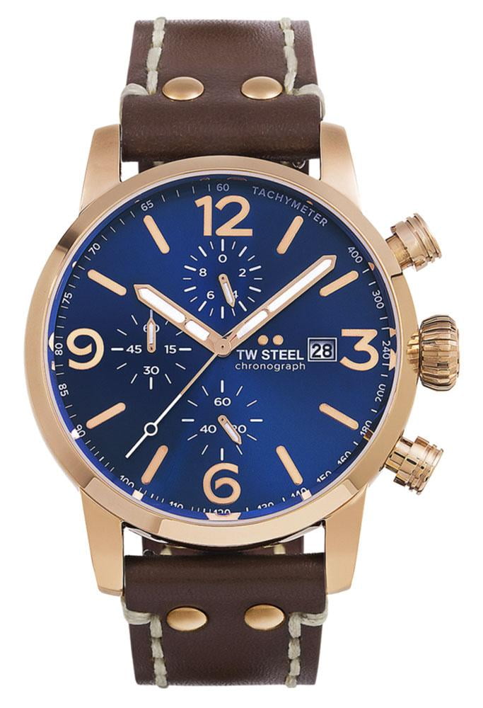 TW Steel Maverick Chronograph Rose Gold PVD Brown Leather Strap Blue ...