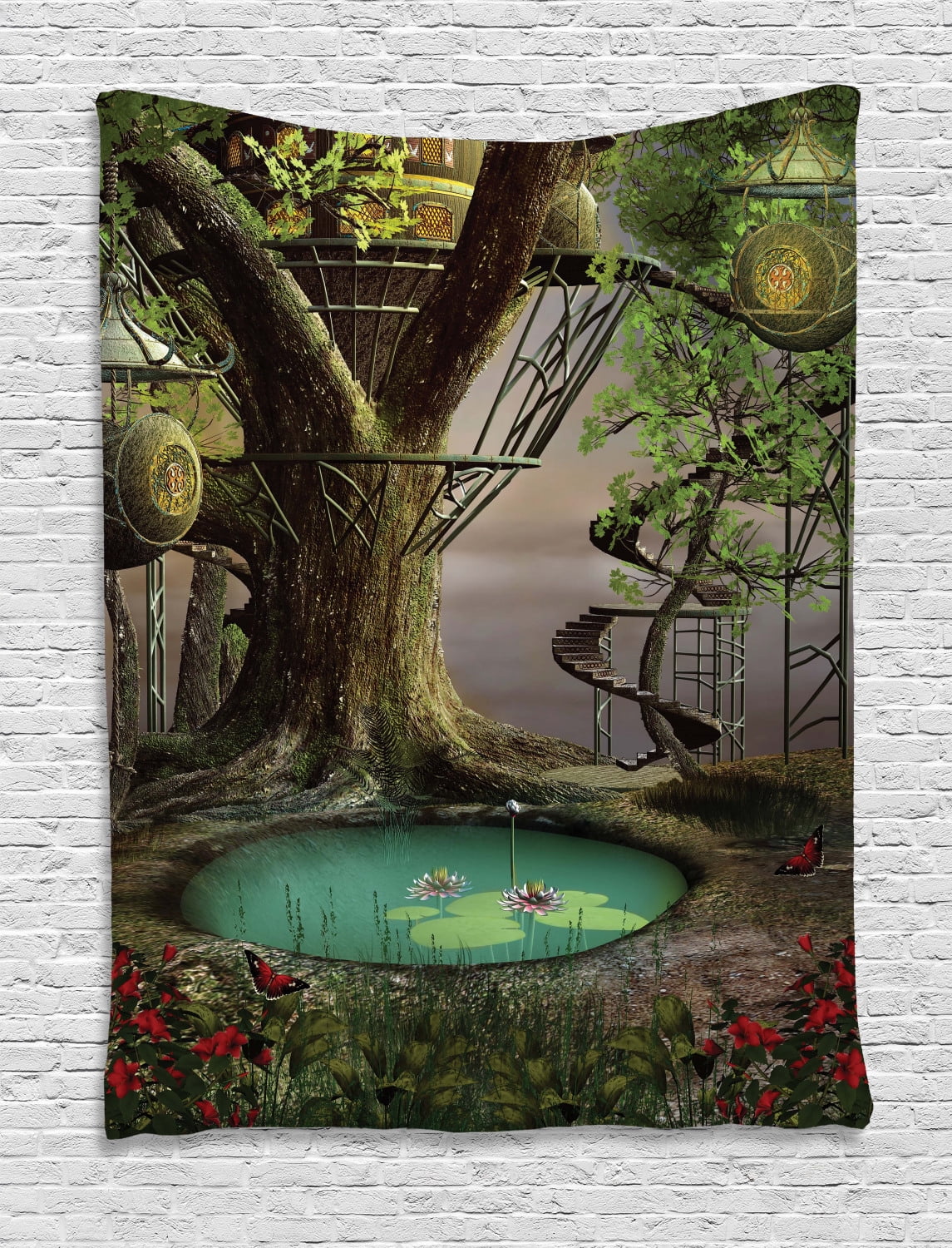 Tree Tapestry, Realistic Illustration of Enchanted Tree Fort and Lotus ...