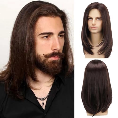 Men's Long Curly Dark Brown Wig, Synthetic Hair Wig for Cosplay ...