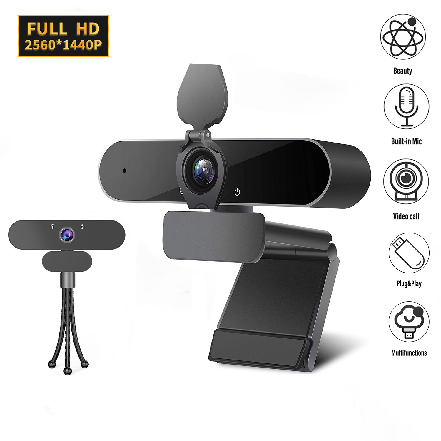 GPED 1440P HD Webcam with Microphone, 360° Wide-Angle Laptop Webcam ...