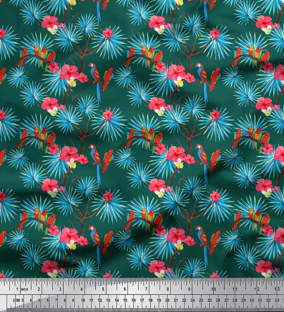 Soimoi Japan Crepe Satin Fabric Leaves,Floral & Macaw Parrot Bird Print ...