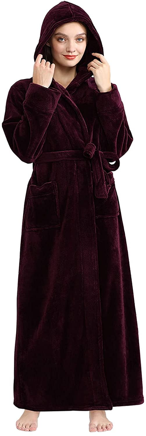 Women's Long Hooded Robe Luxurious Flannel Fleece Bathrobe with Mid ...