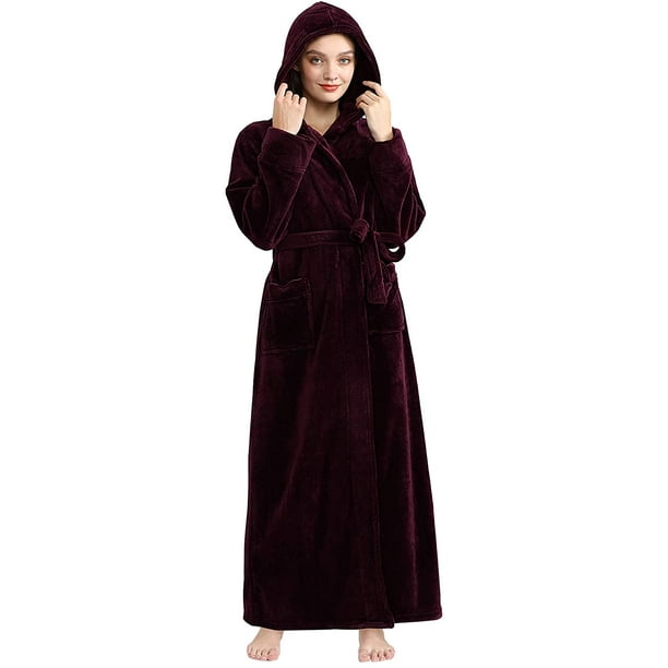 Women's Long Hooded Robe Luxurious Flannel Fleece Bathrobe with Mid ...