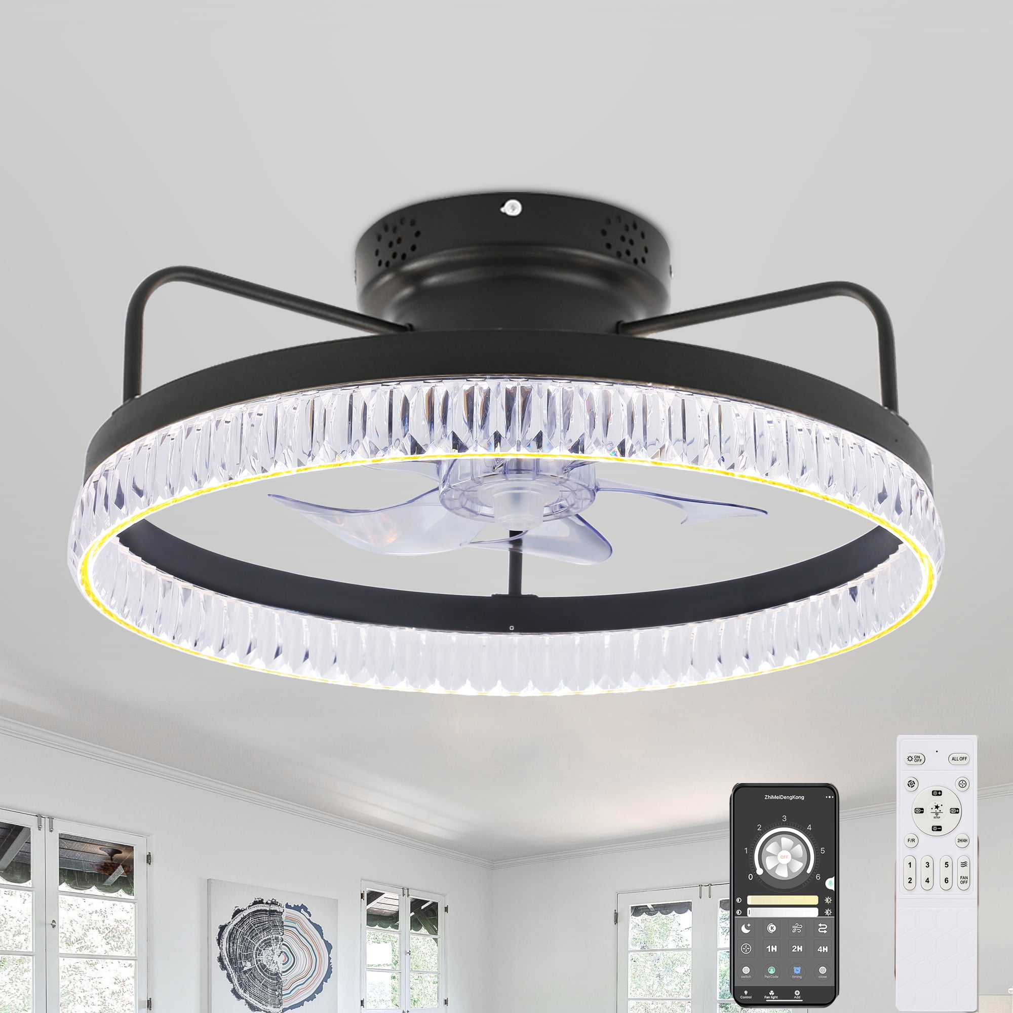 Bella Depot Flush Mount Invisible Ceiling Fan with Dimmable Light ...