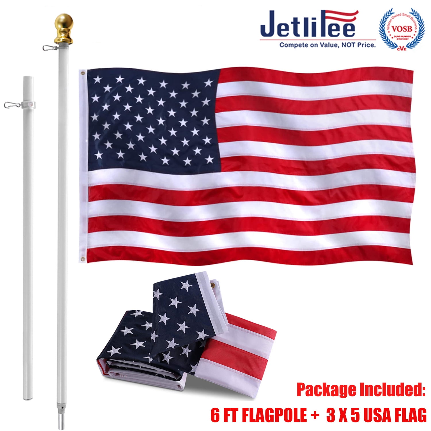 Jetlifee-3 by 5 Ft American Flag & 6 Ft Flag Pole 360° Free Spinning ...