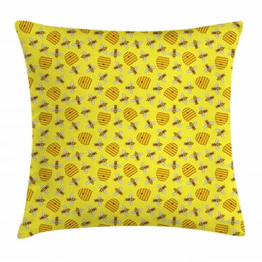 Bee Throw Pillow Cushion Cover, Bumble Bees Producing Honey by Filling Honeycombs Cells Themed ...