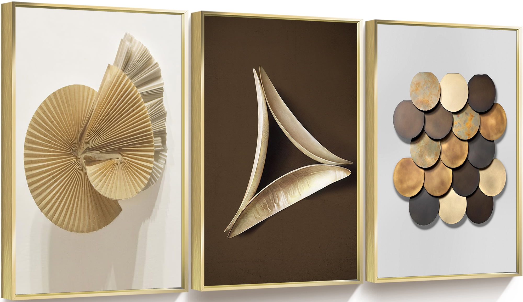 Full House 3 Panels Framed Canvas Wall ArtOil Paintings - Copper & Golden Geometric Art Set ...