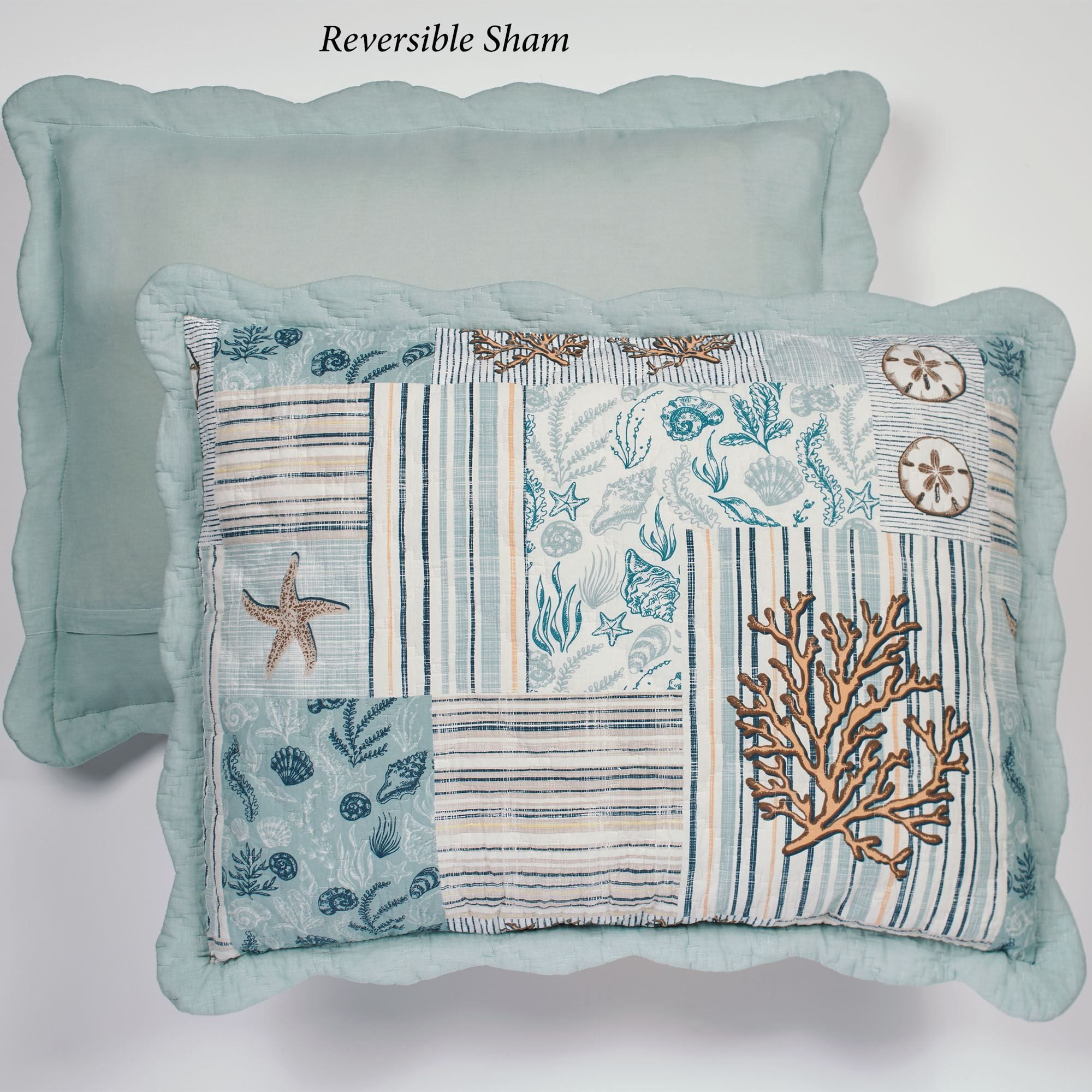 Shell Harbor Coastal Reversible Aqua Blue Sham Quilted Standard ...