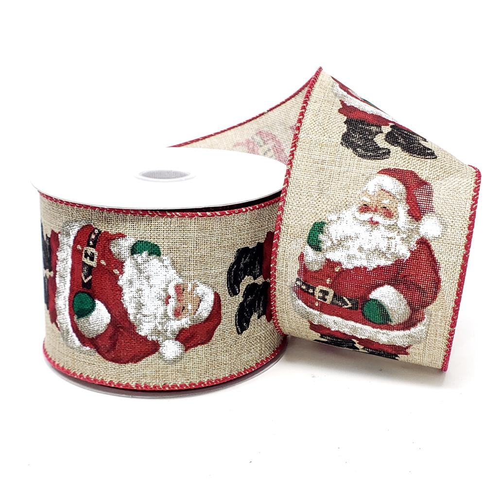 Christmas Happy Santa Linen Ribbon, 2-1/2-Inch, 10-Yard, Natural ...